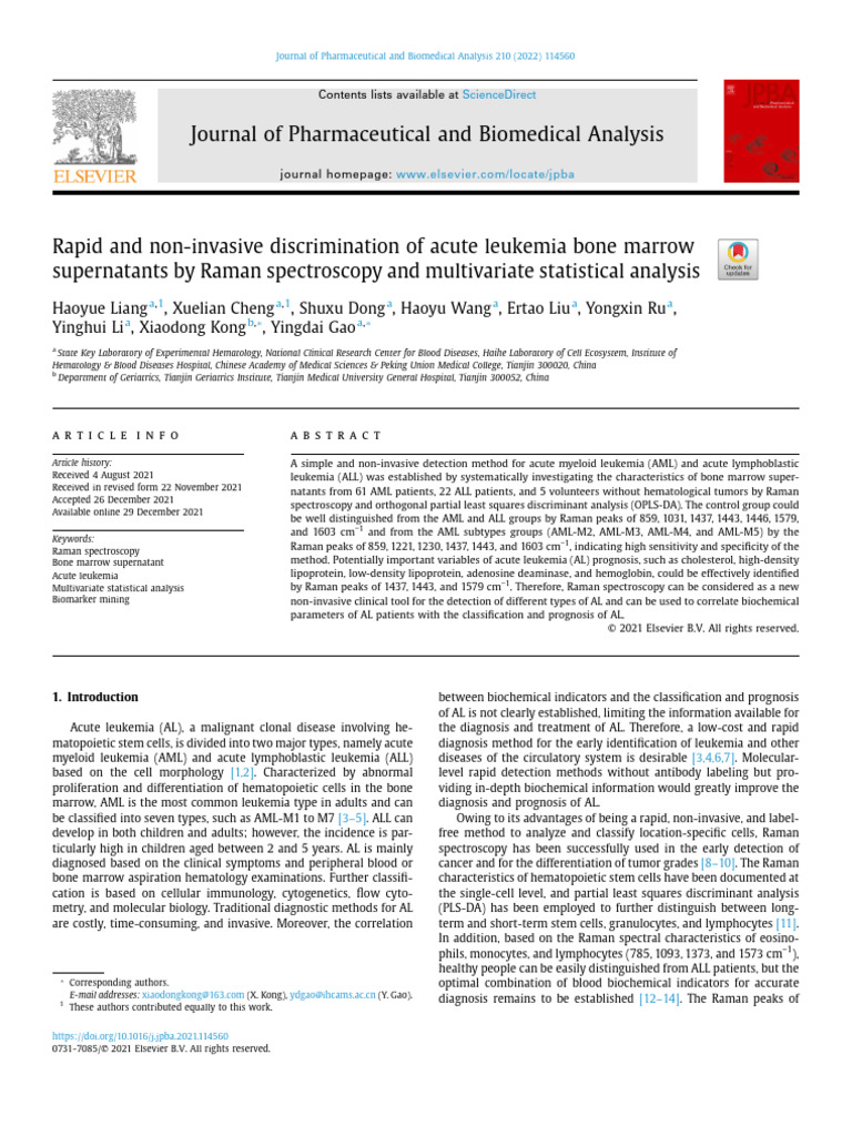 Rapid and Non-Invasive Discrimination of Acute Leukemia Bone Marrow Supernatants by Raman ...
