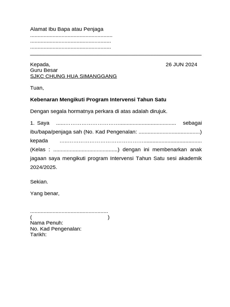 Surat Kebenaran Ibu Bapa Pits | PDF