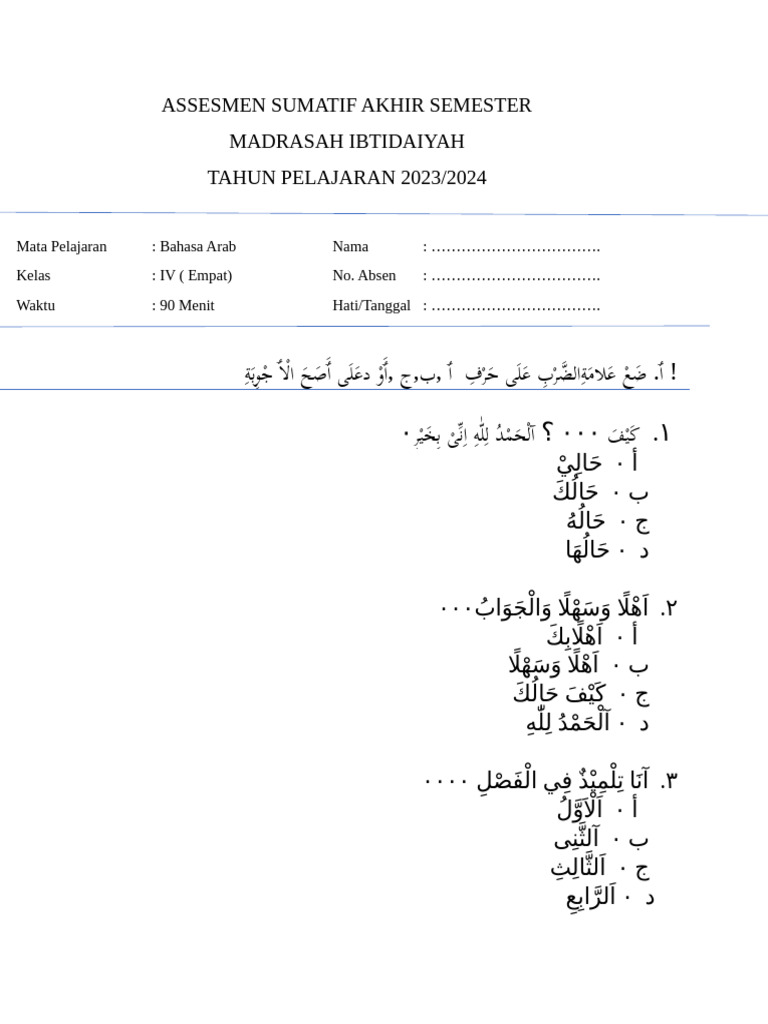 Assesmen Sumatif Akhir Semester Bahasa Arab Kls 4 | PDF