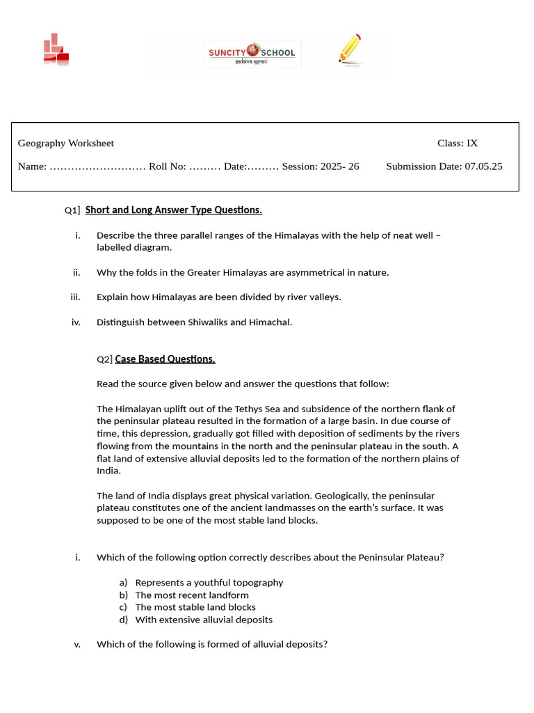 Grade 9 - Chapter 2-Worksheet 2 | PDF | Himalayas | Earth Sciences