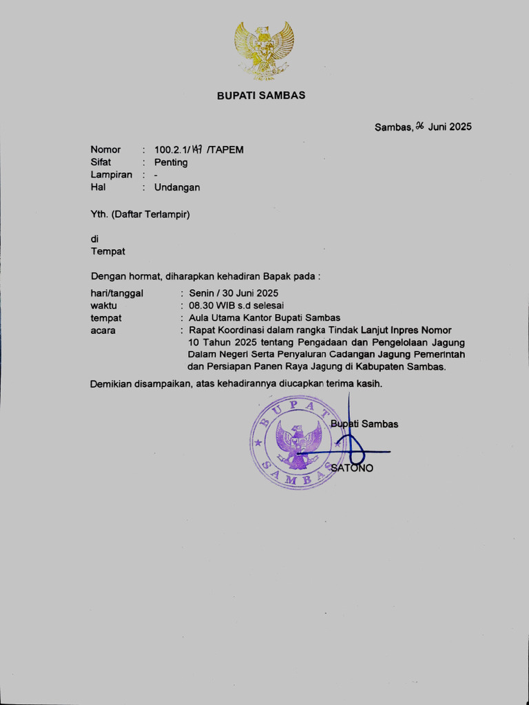 Surat Undangan Rakor Inpres 10 TH 2025 & Persiapan Panen Raya Jagung | PDF