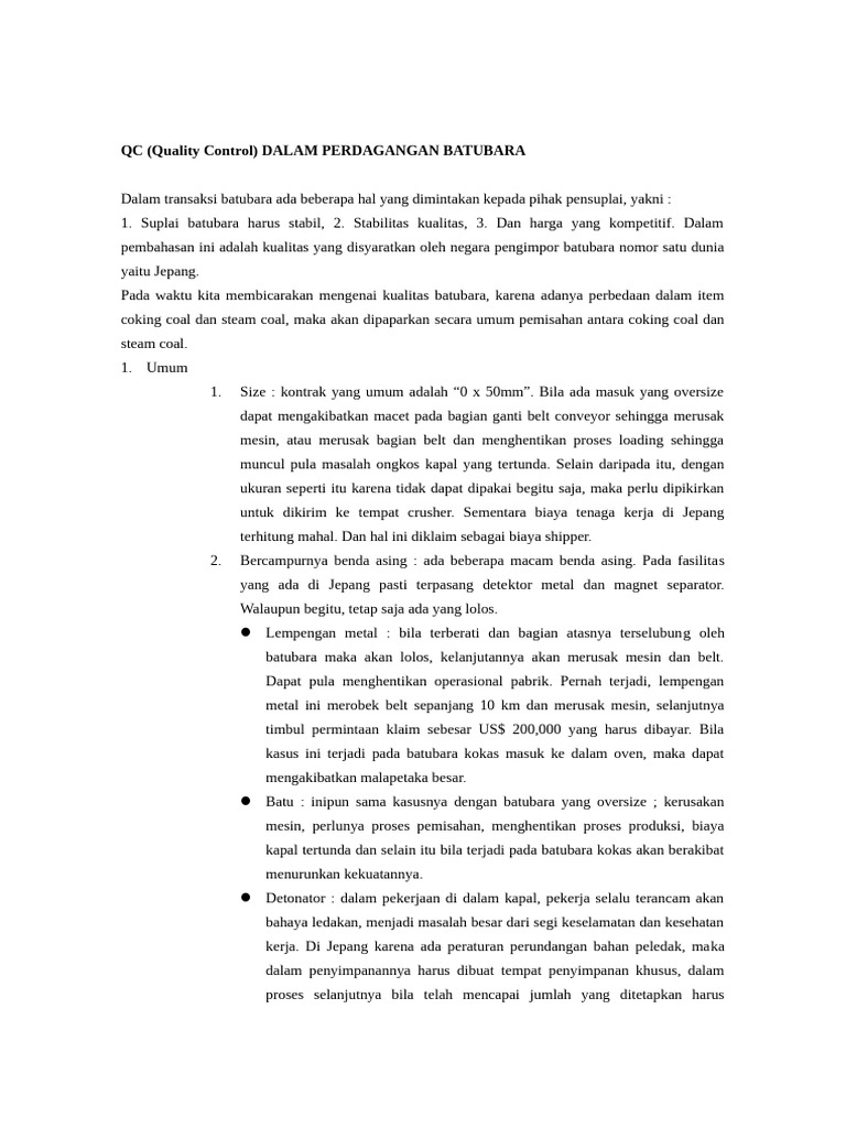 QC Quality Control Dalam Perdagangan Batubara | PDF