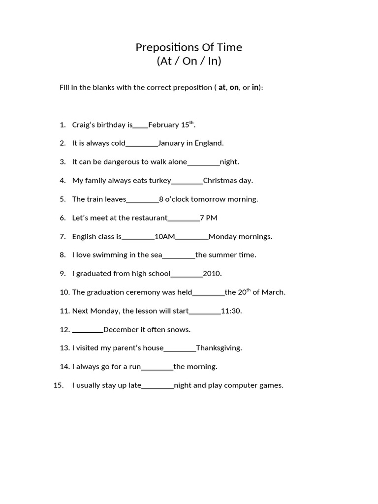 Prepositions of Time Worksheet 1 | PDF