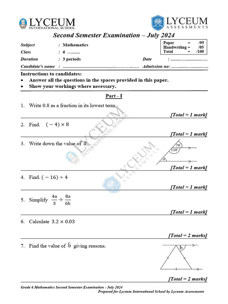 Grade 6 Math Exam Paper - July 2024 | PDF | Arithmetic | Mathematics