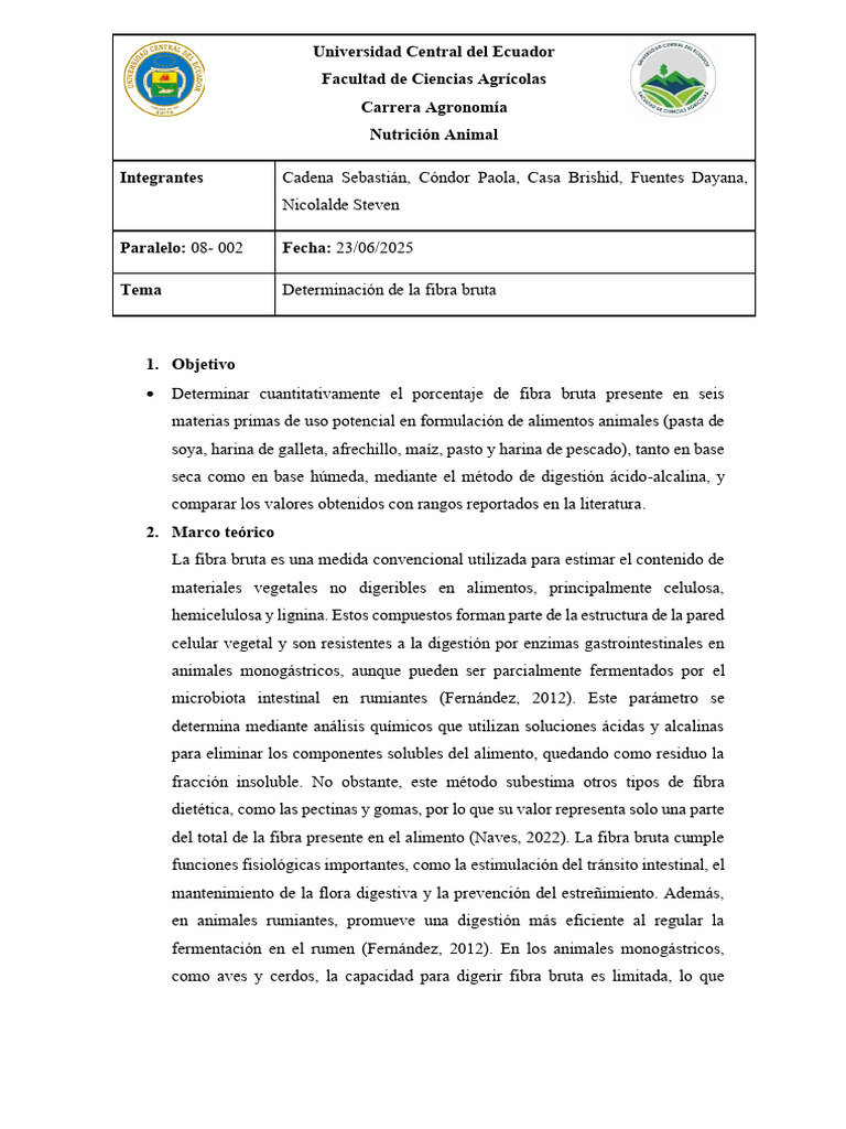 Análisis de Fibra Bruta en Alimentos Animales | PDF | Fibra dietética ...