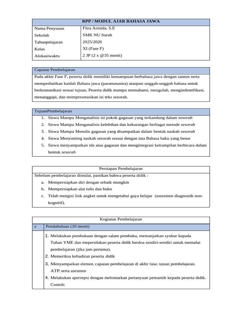 RPP Bahasa Jawa Kelas Xi | PDF