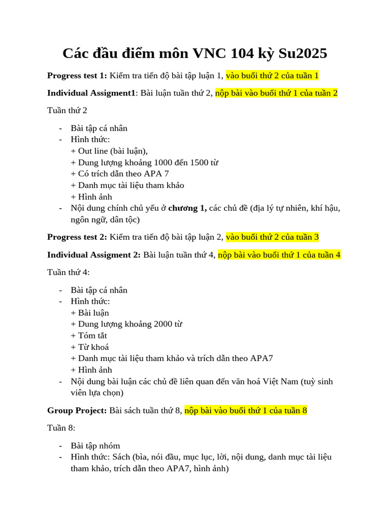 Yêu cầu, nội dung môn VNC SU2025 | PDF