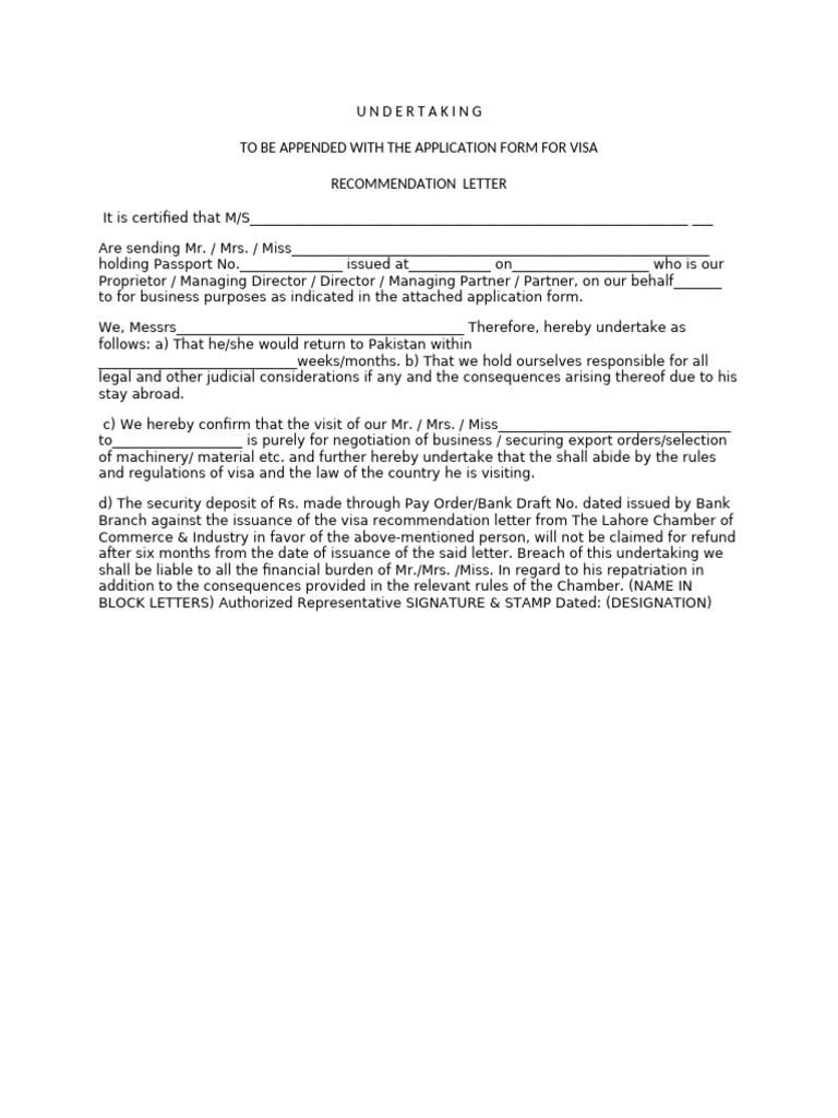 Undertaking To Be Appended With The Application Form For Visa Recommendation Letter | PDF