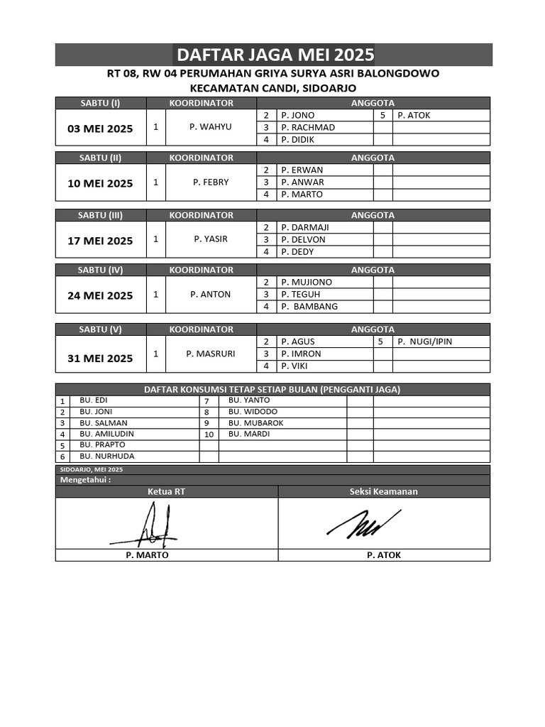 Daftar Jaga Mei 2025 | PDF
