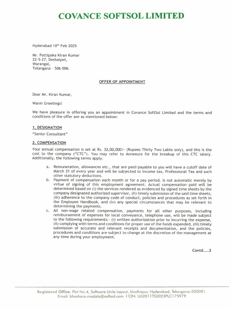 Pattipaka Kiran Kumar_Revised_Softsol_Offer of Appointment | PDF