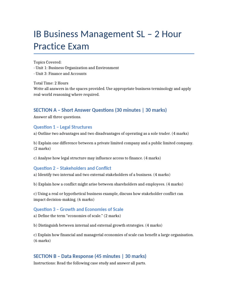 IB Business Management SL Practice Exam | PDF | Economies Of Scale ...
