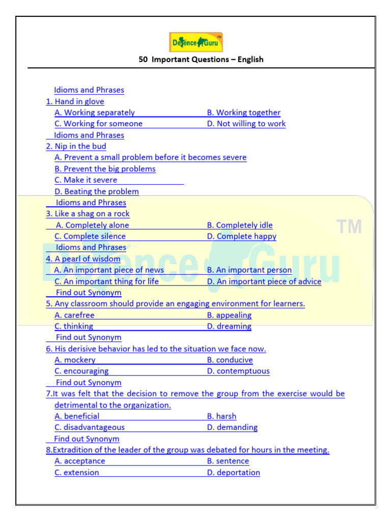 50 English Questions For Mns Exams | PDF | Grammar | Semantic Units