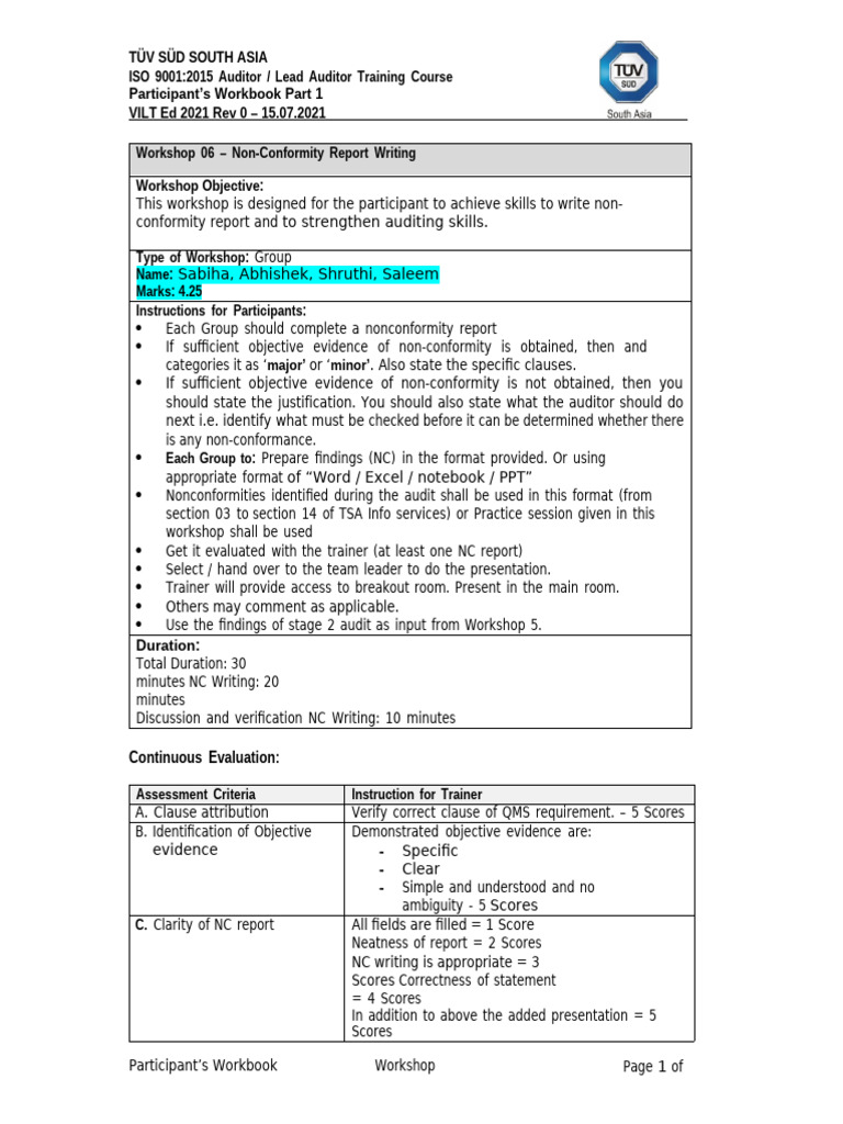 WBP1-15 - QMS LA Workshop 06 - NCR Writing | PDF | Audit | Verification ...