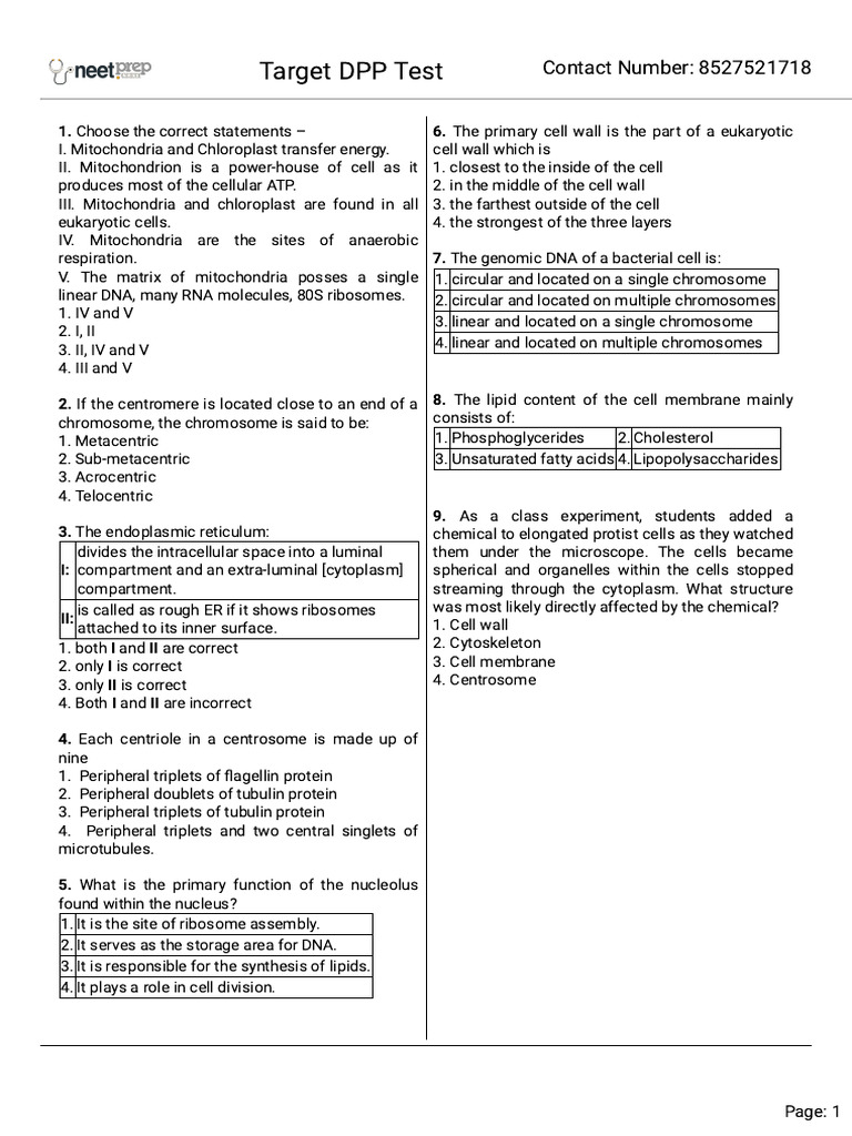 Cell Biology Concepts and Quiz Questions | PDF | Cell (Biology) | Cell ...
