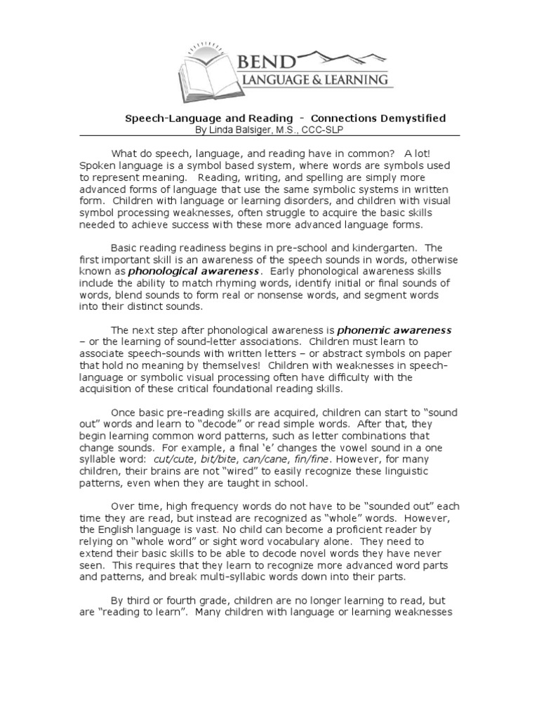 Speech-Language and Reading - Connections Demystified | PDF | Reading ...