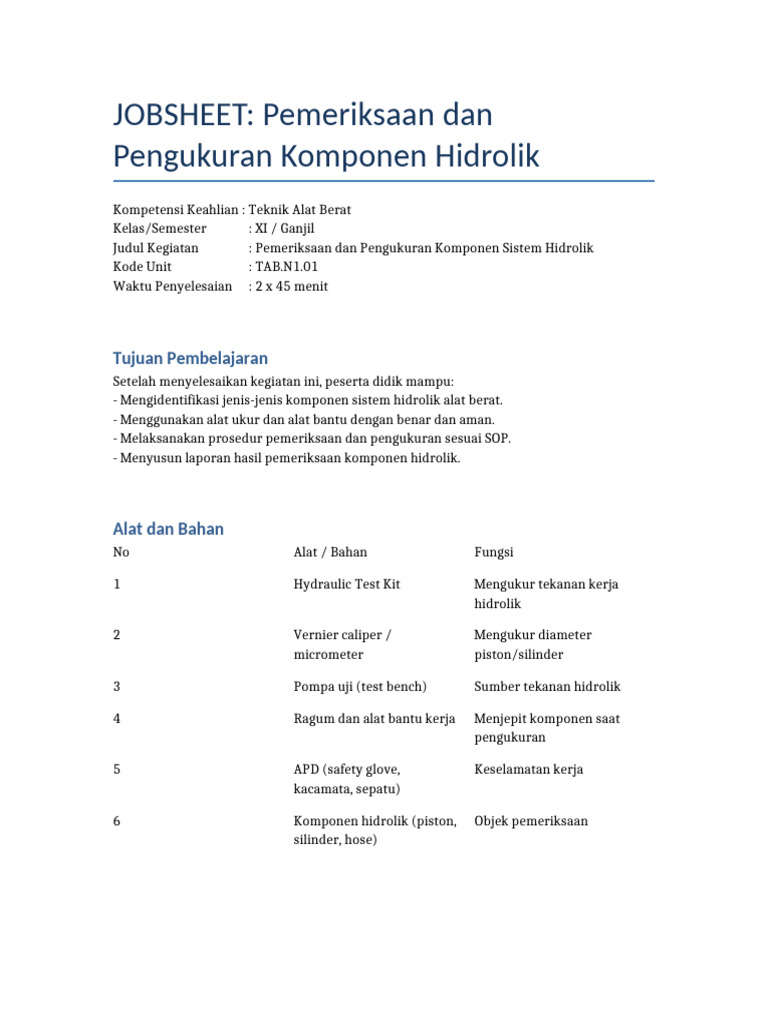 Jobsheet Hidrolik TAB | PDF