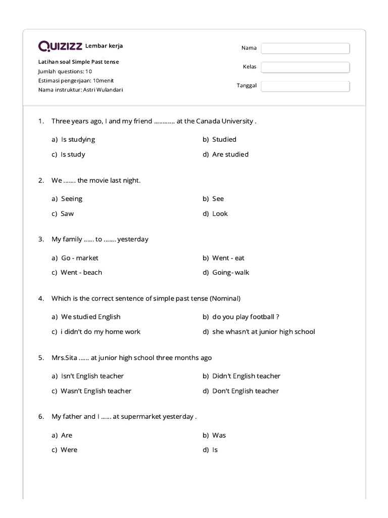Latihan Soal Simple Past Tense - Quizizz | PDF