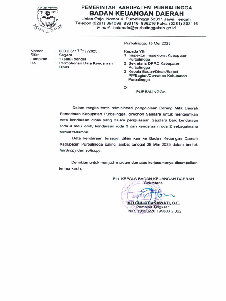 Surat Ke SKPD Hal Permohonan Data Kendaraan Dinas (Stempel) | PDF