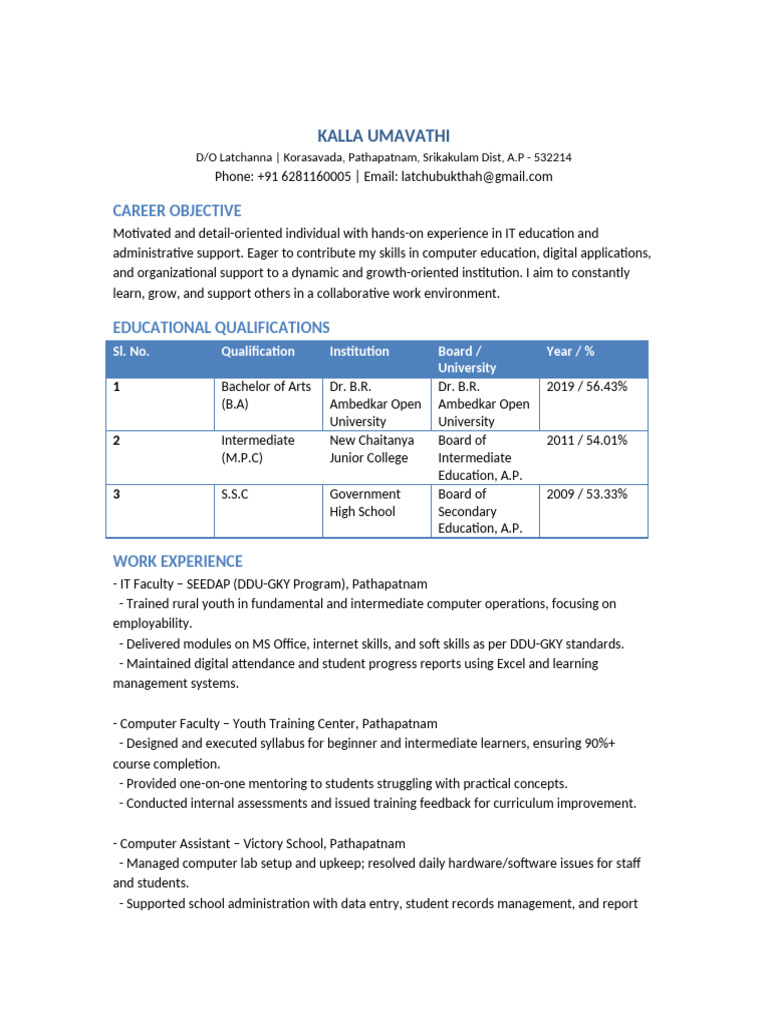 Kalla Umavathi Resume Updated | PDF | Intelligence | Behavior Modification