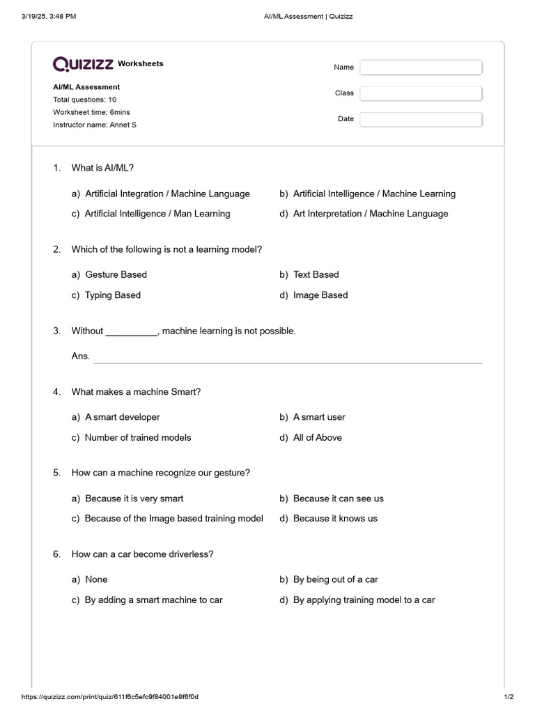 AI/ML Quiz Worksheet | PDF | Artificial Intelligence | Intelligence (AI ...