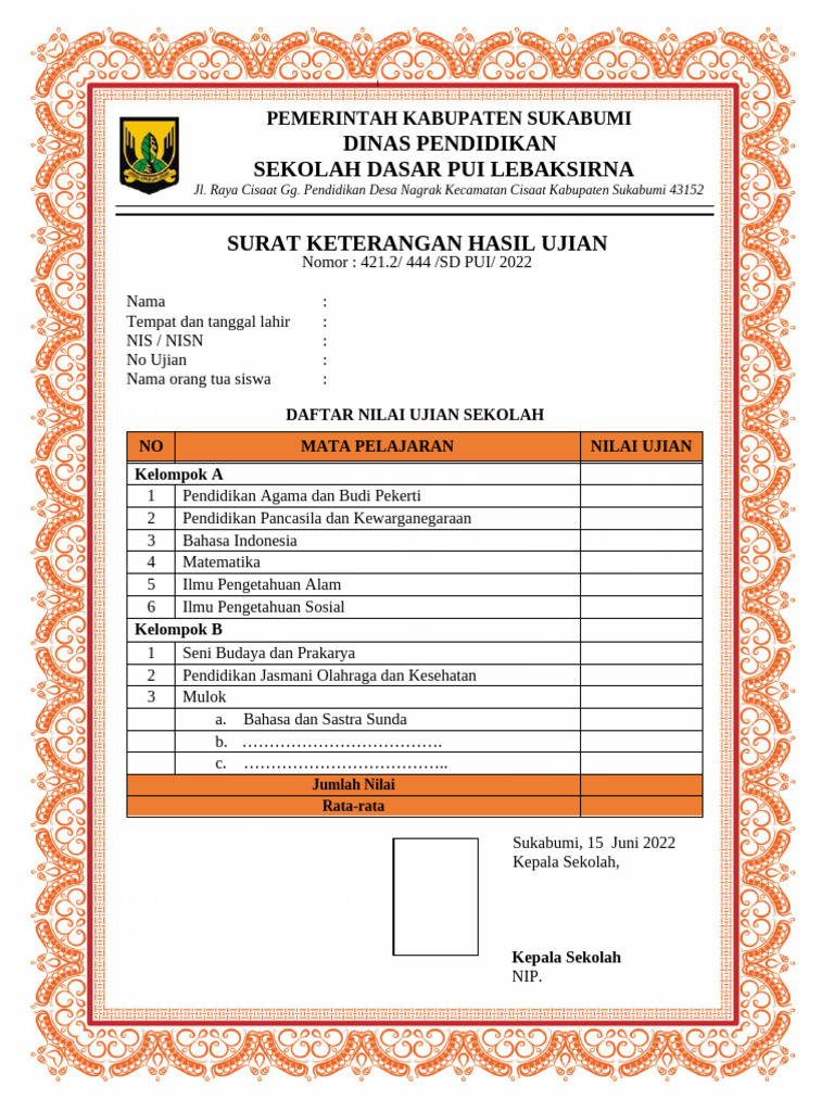 Surat Keterangan Hasil Ujian SD PUI | PDF