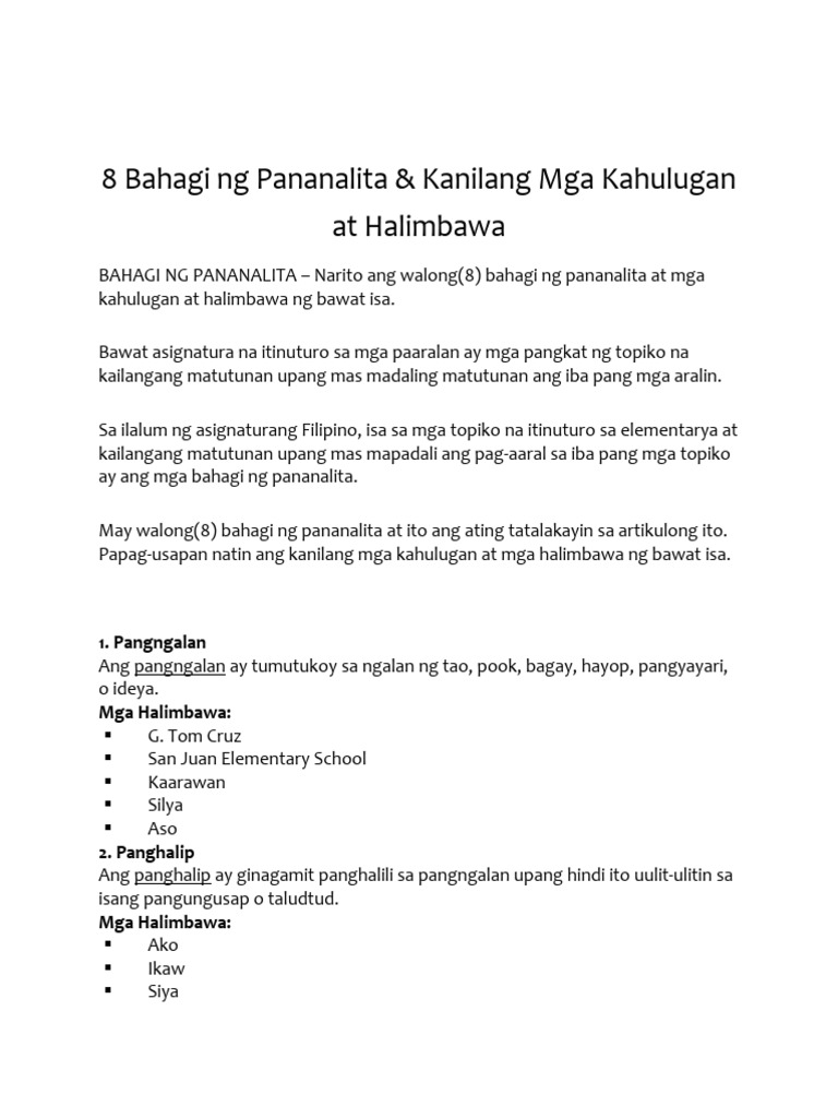 8 Bahagi NG Pananalita | PDF