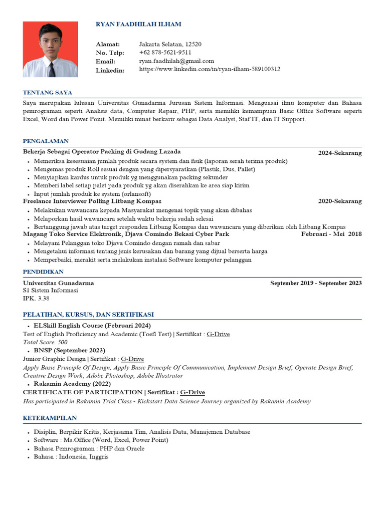ATS CV RYAN FAADHILAH ILHAM Melamar Kerja | PDF