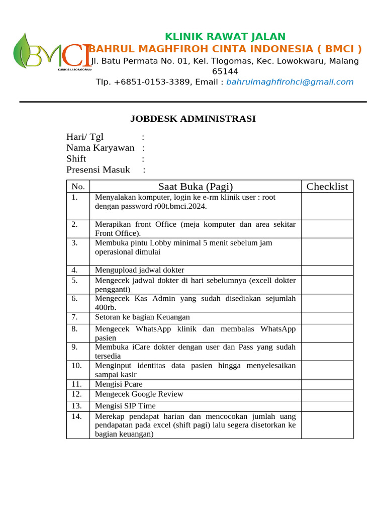 Jobdesk Checklist Administrasi | PDF