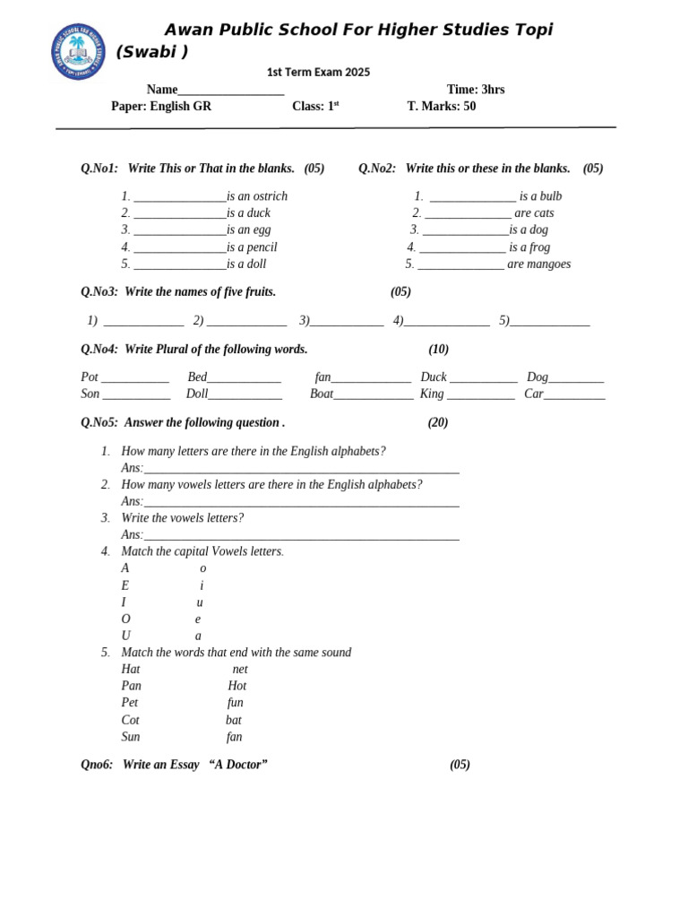 English GR 1st Term Exam 2025 | PDF