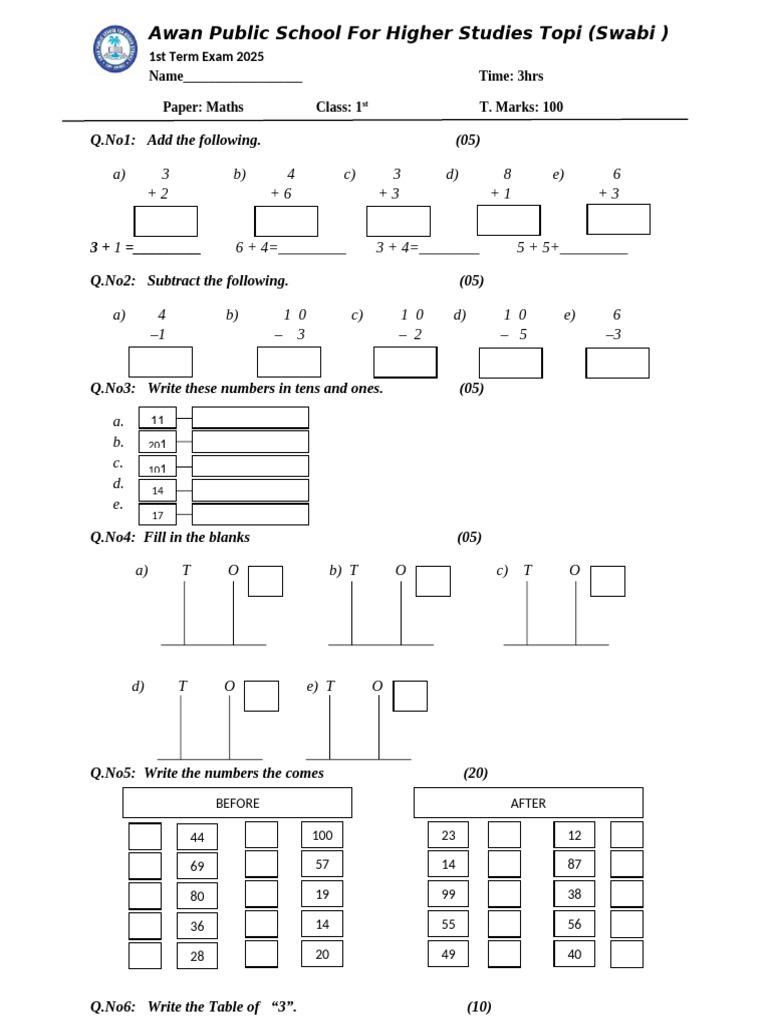 Class 1 Maths Exam Paper 2025 | PDF