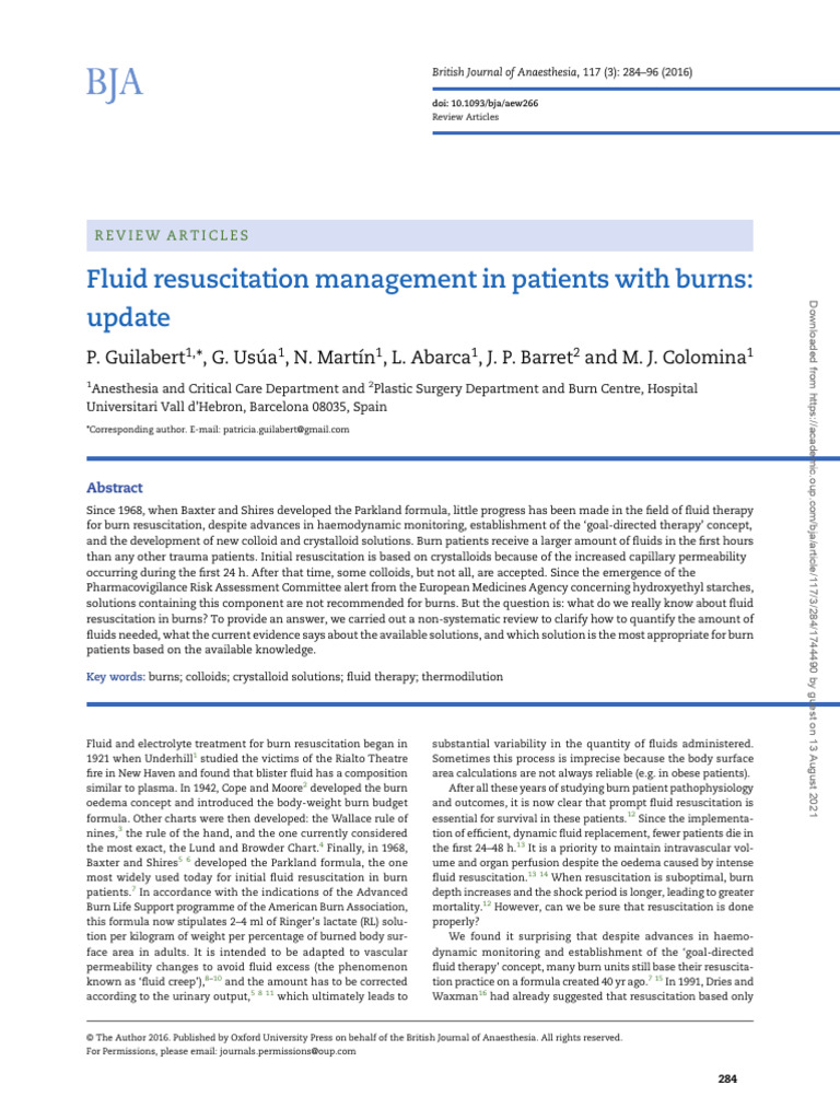 Fluid Resuscitation in Burns An Update | PDF | Burn | Shock (Circulatory)