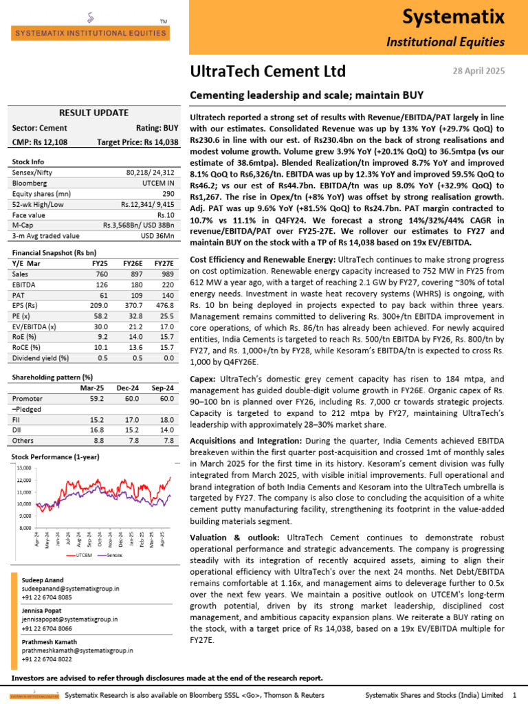 Systematix Sees 15% UPSIDE in UltraTech Cement LTD Cementing Leadership | PDF | Mergers And ...