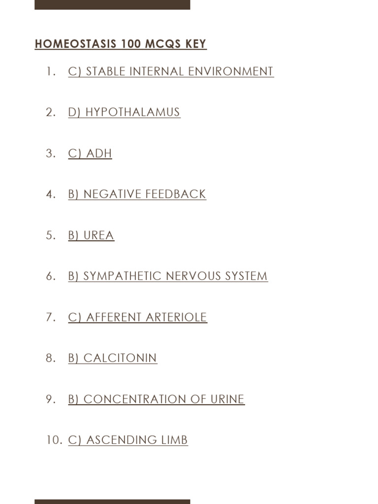 Homeostasis Mcqs Key | PDF