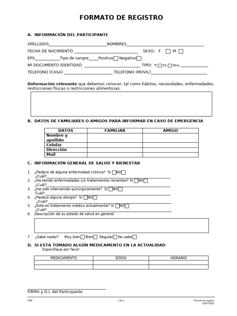 Formato de Registro de Salud y Emergencia | PDF