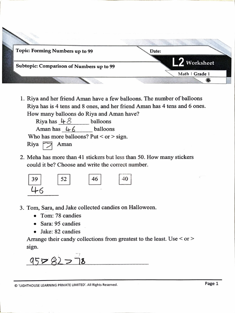 Comparison of Numbers Up To 99 | PDF