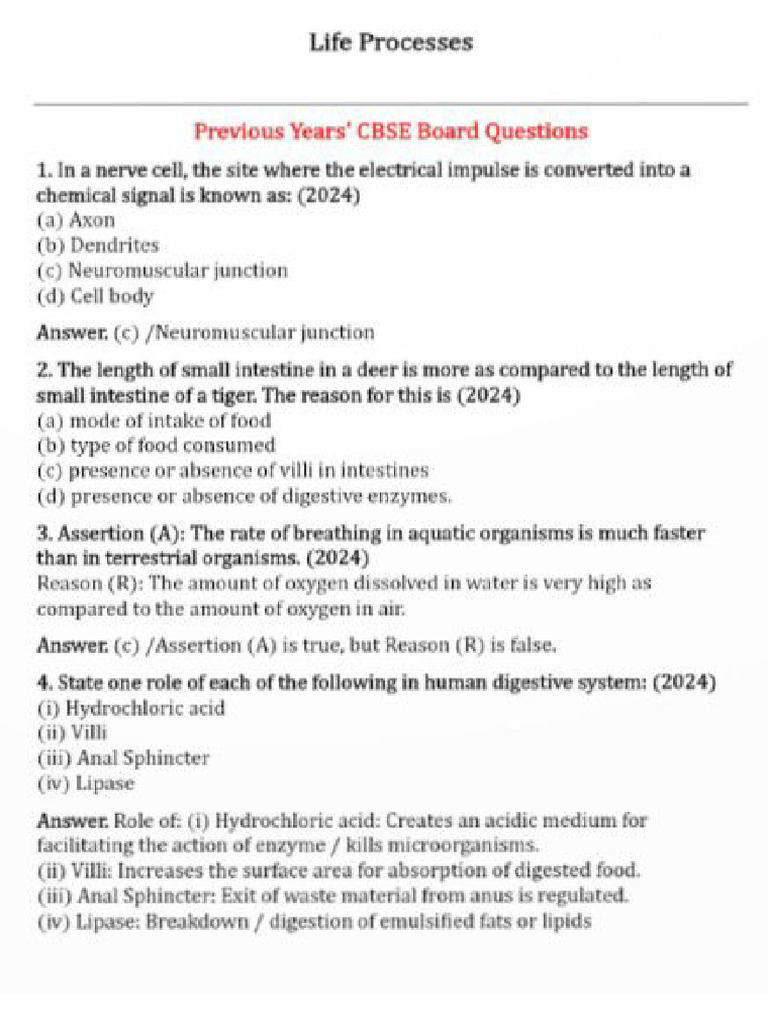PYQ Class 10 Biology (Life Processes) | PDF