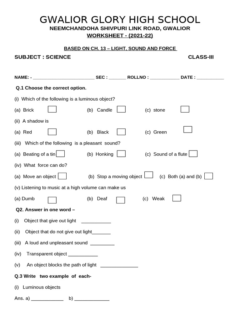 Class 3 Science: Light, Sound, and Force Worksheet | PDF