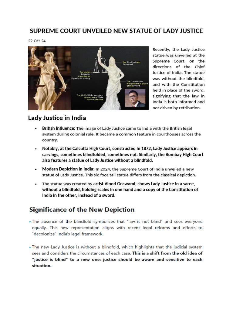 Supreme Court Unveiled New Statue of Lady Justice | PDF