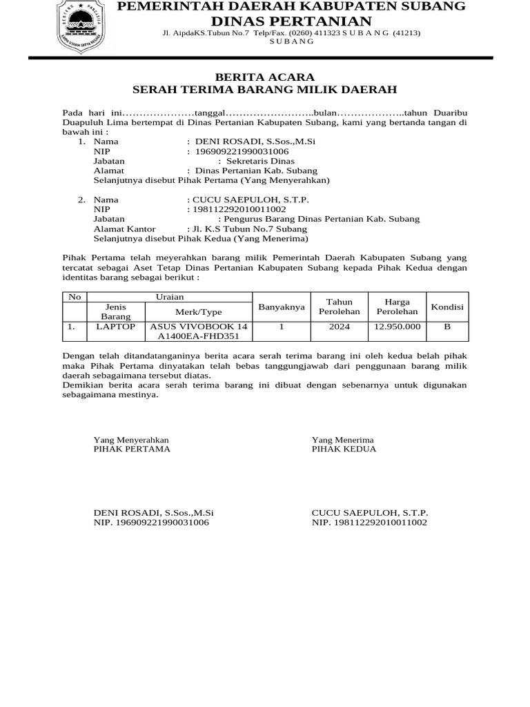 Surat Bast Laptop | PDF