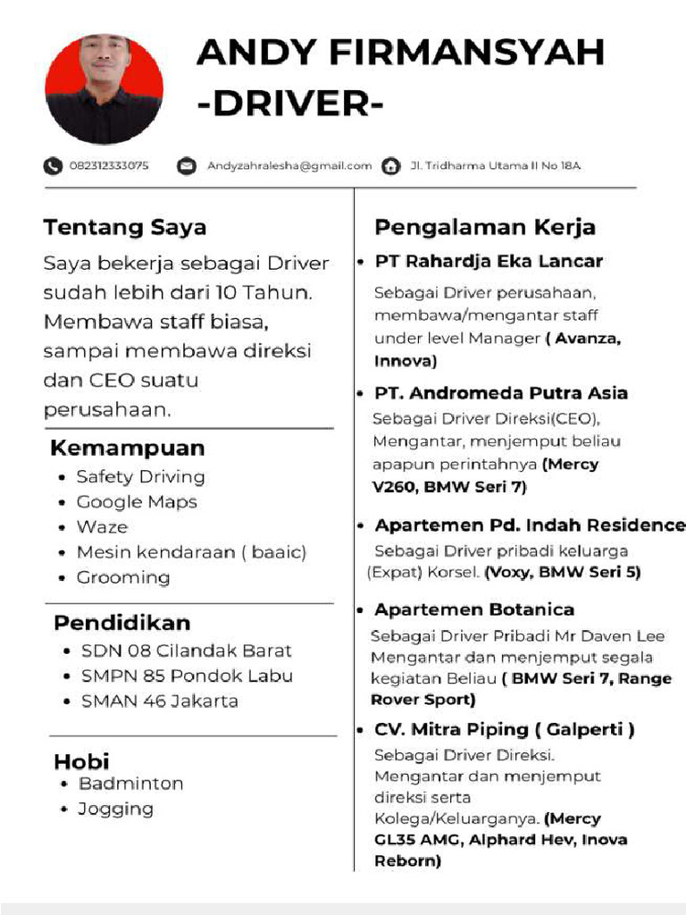 CV - Andi Firmansyah (Kandidat Driver) - (35 Tahun) | PDF