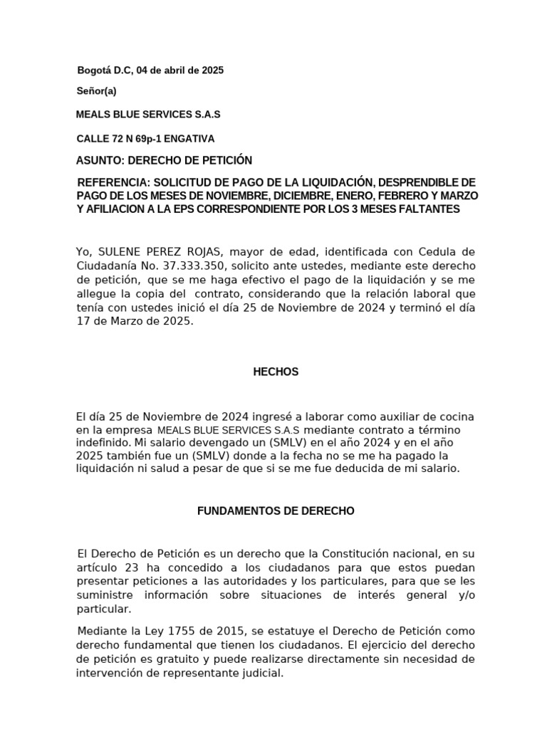 Derecho de Peticion SULENE | PDF | Salario | Petición