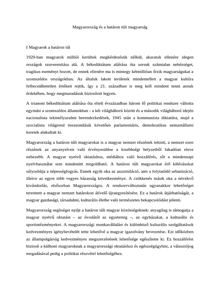 A Határon Túli Magyarság Helyzete 1920 | PDF
