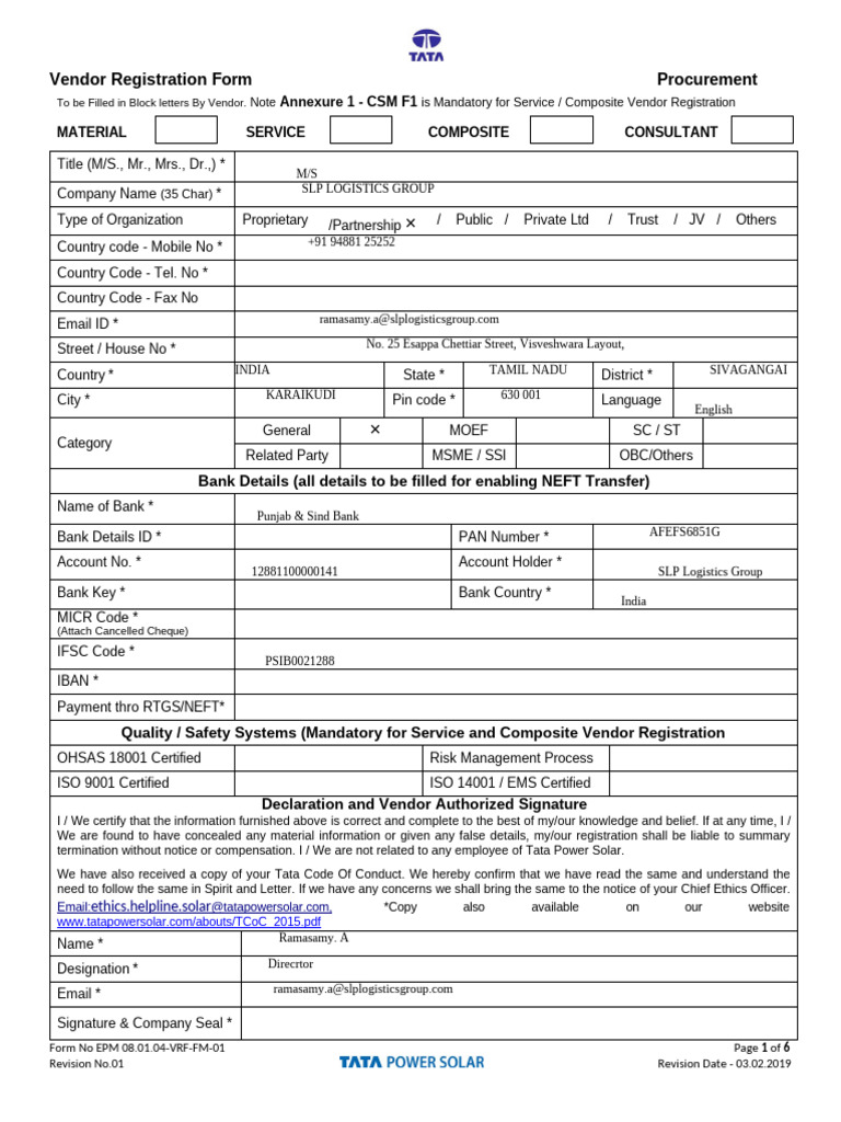 Tata Power Solar Vendor Registration Form | PDF | Conflict Of Interest