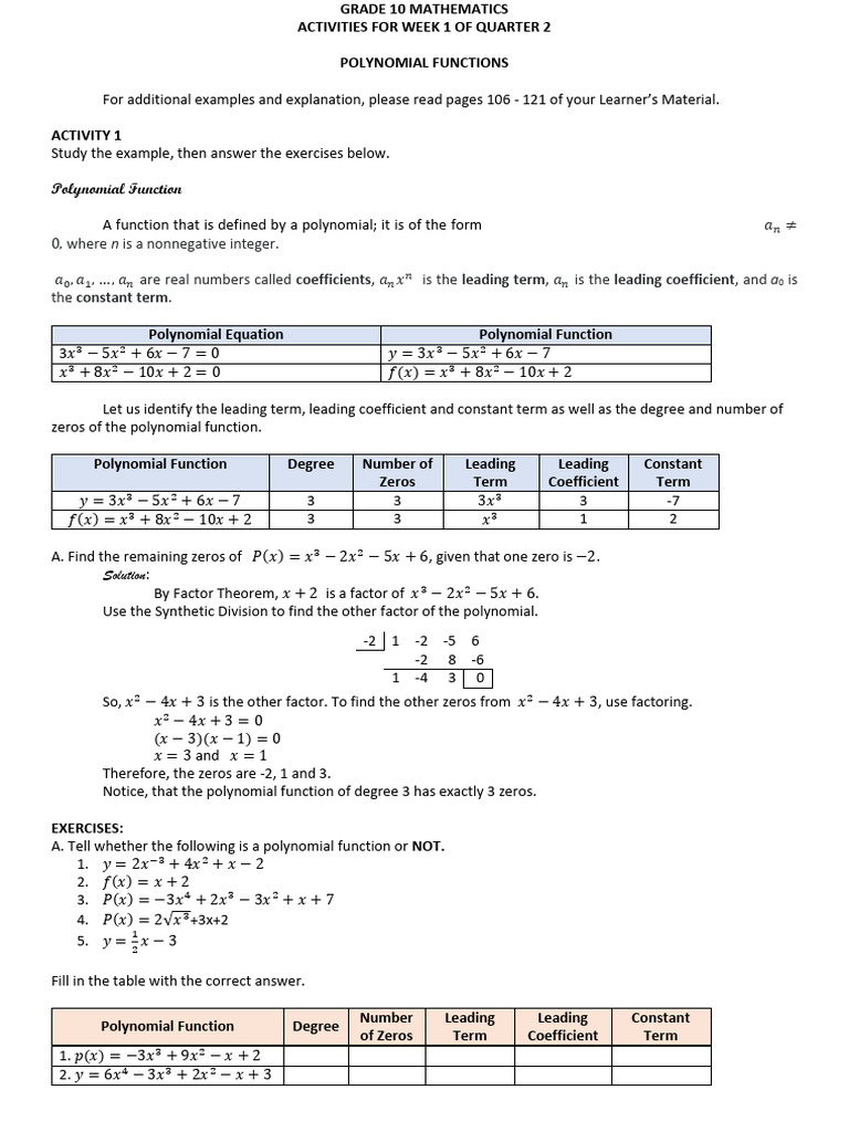 ACTIVITY SHEET Math 10 Q2 W1 | PDF | Factorization | Polynomial