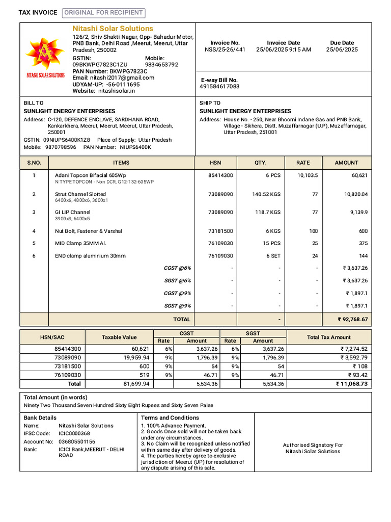 Nitashi Solar Solutions Invoice Details | PDF | Taxation | Government ...