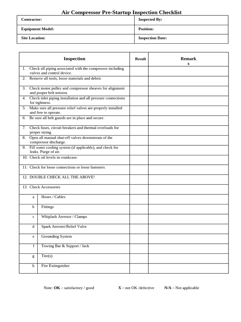 Air Compressor Pre Startup Checklist | PDF
