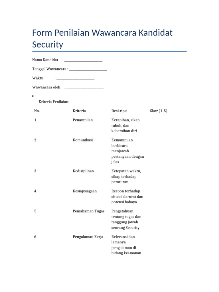 Form Penilaian Wawancara Security | PDF