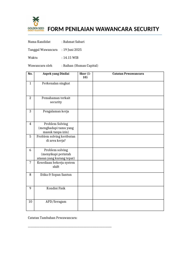 Form Penilaian Wawancara Security Final | PDF