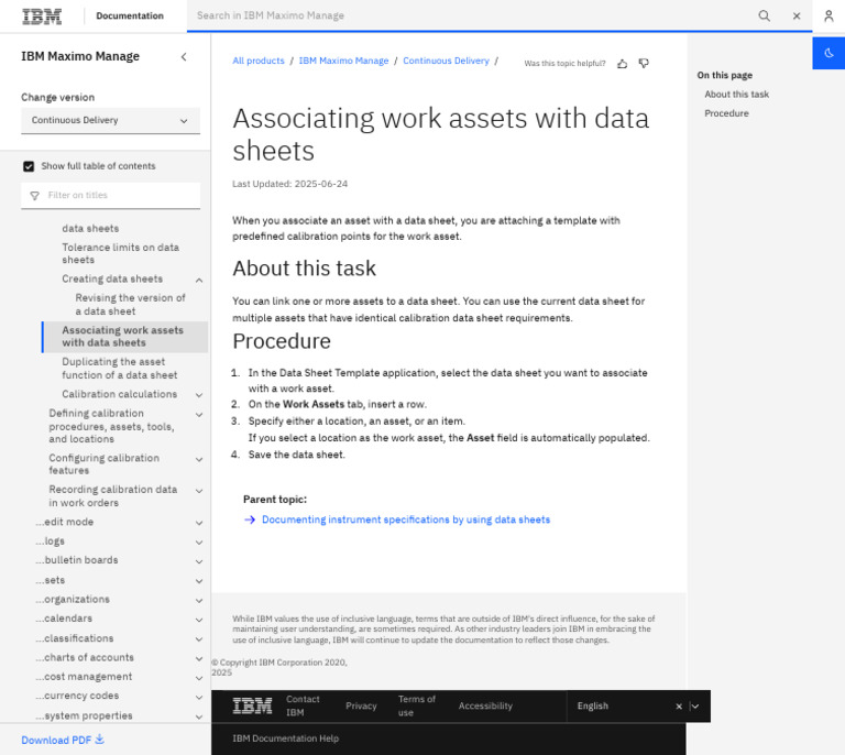 Associating Work Assets With Data Sheets - IBM Documentation | PDF | Calibration | Computing