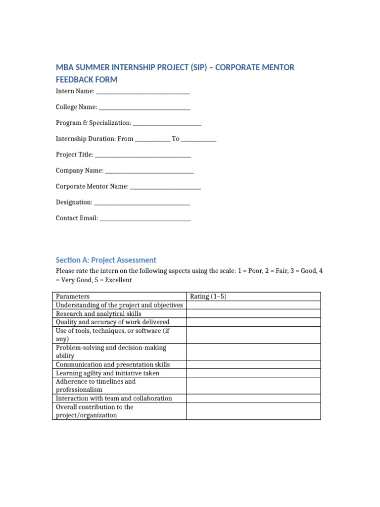 Corporate Mentor Feedback Form | PDF